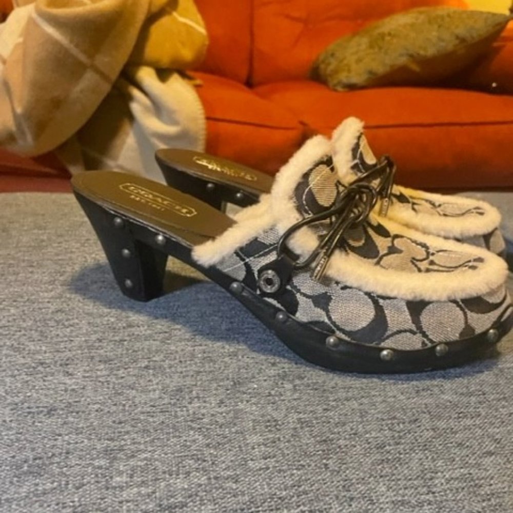 Coach Black Signature Shearling Ruffle Mule Clog Wood… - Gem